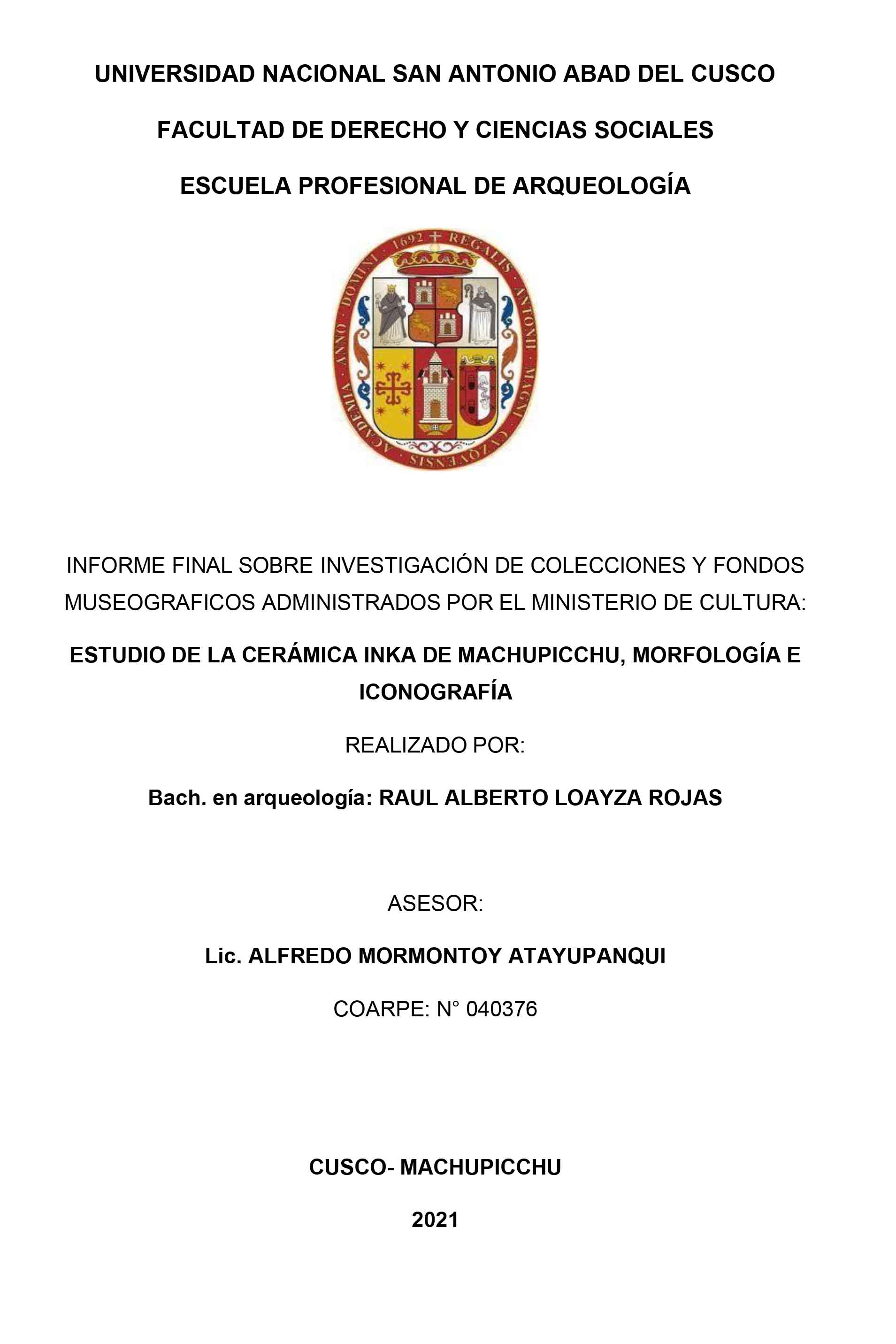 Loayza (2021) Informe Proyecto Estudio de la Cerámica de la ciudad Inka ...